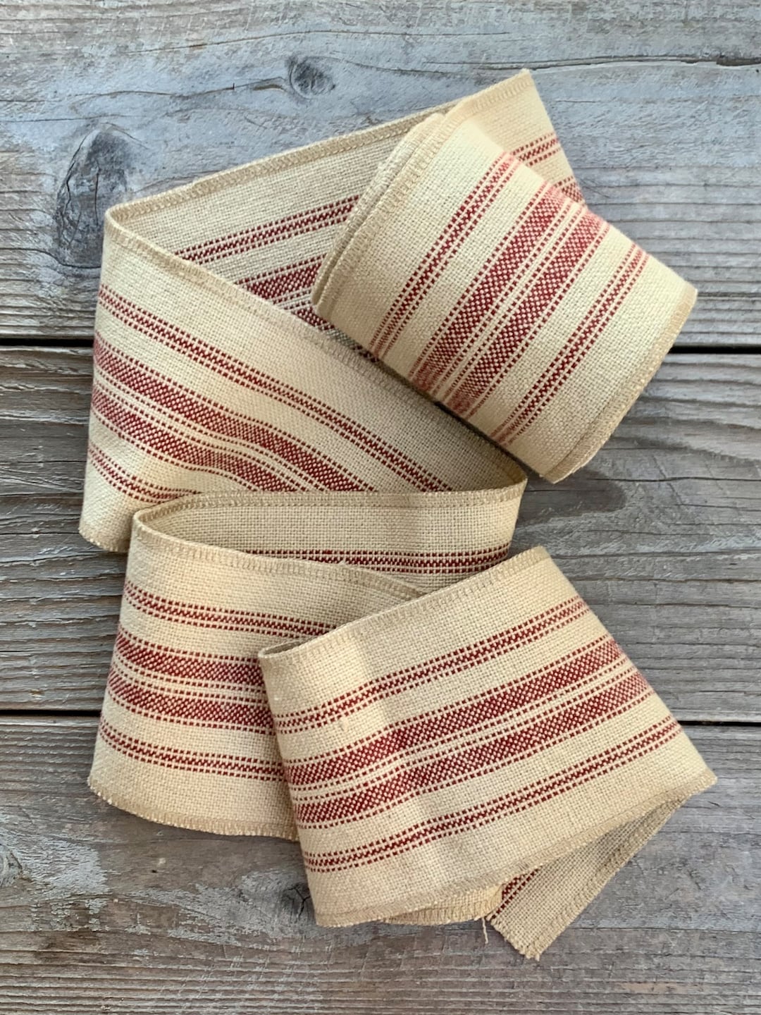 Grain Sack Ribbon - Red Beige Striped Ribbon - Farmhouse Tree Garland ...
