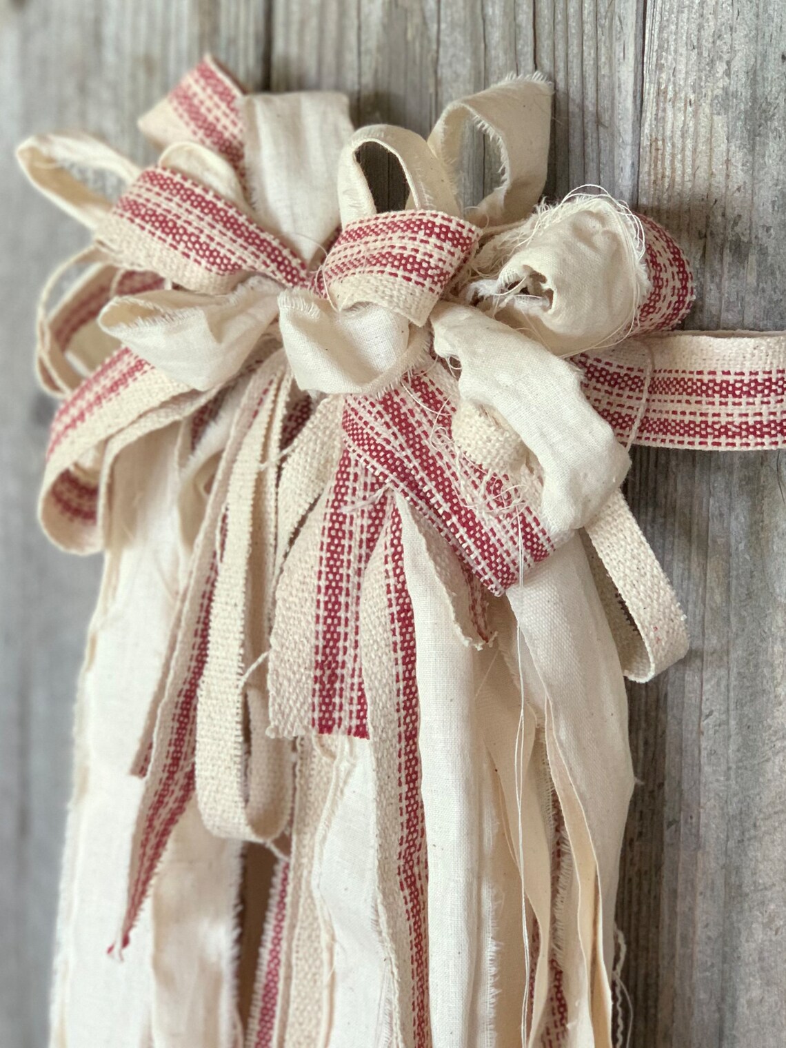 Rag Wreath Bow - Red, Beige, & Muslin - Grain Sack Bow - Wedding ...