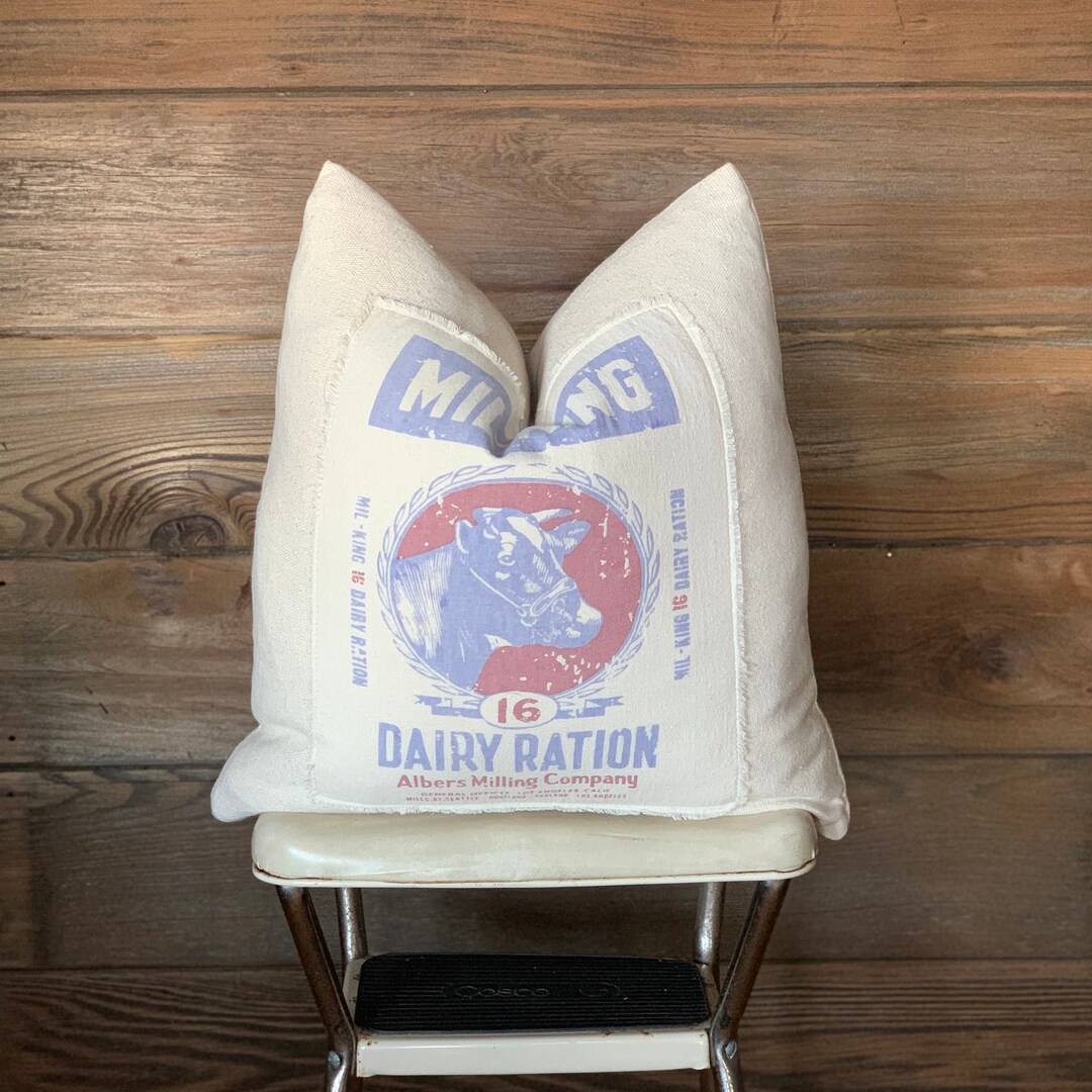 Grain Sack Cow Feed Sack Pillow , Farmhouse Cottage Style - 20x20 ...