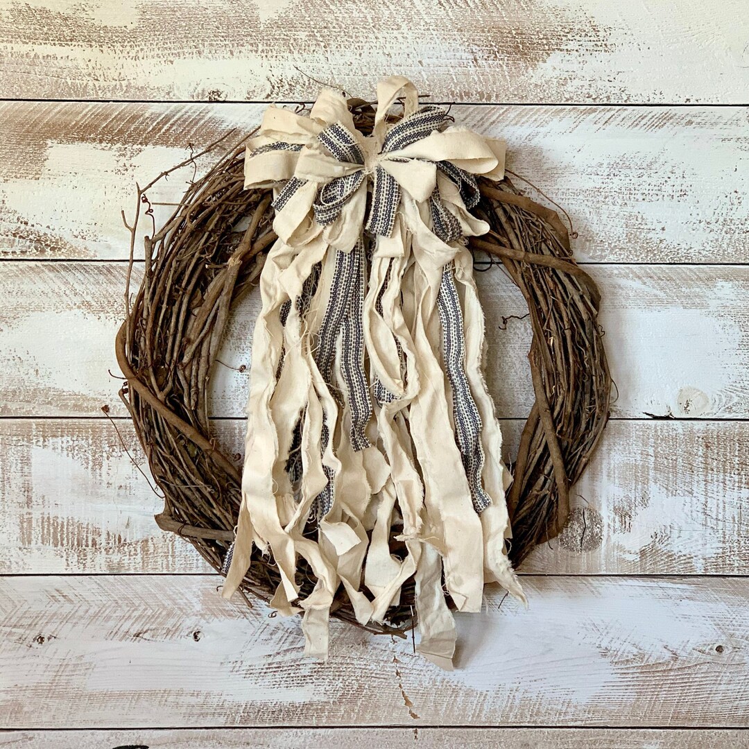 Rag Wreath Bow - Blue, Beige & Muslin - Grain Sack Bow - Wedding ...
