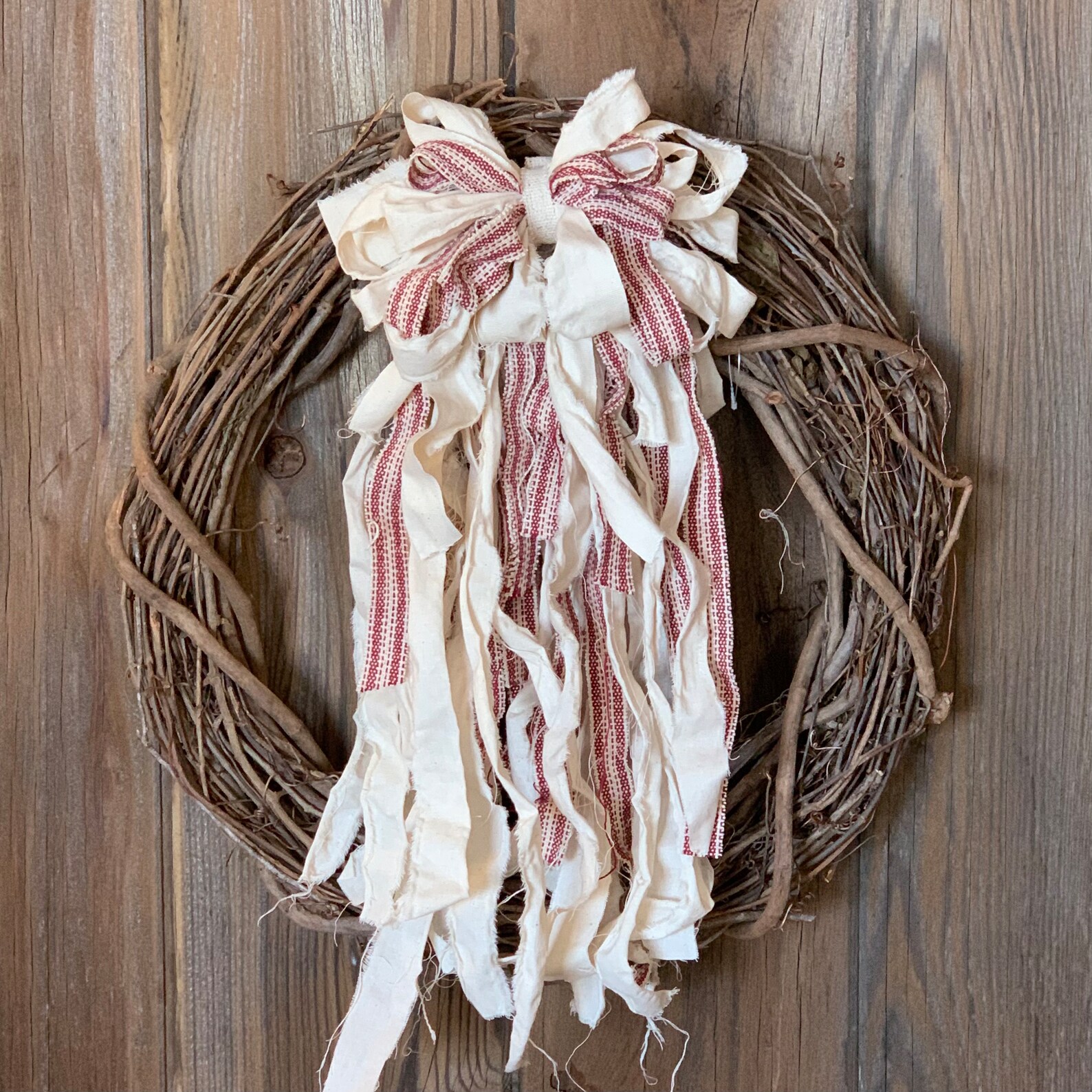 Rag Wreath Bow - Red, Beige, & Muslin - Grain Sack Bow - Wedding ...