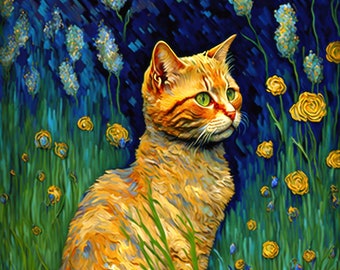 Printable Cat Art, Digital Download, Wall Art, JPG of Cat Portrait in the Style of Van Gogh ...