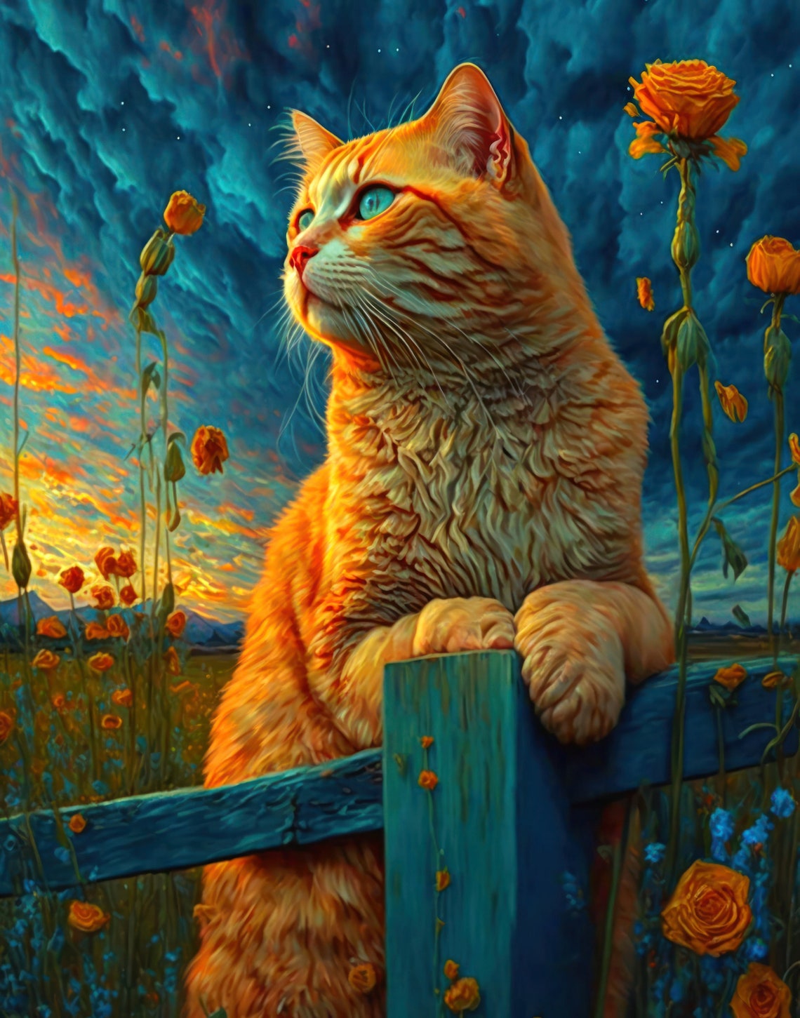 Printable Cat Art, Digital Download, Wall Art, JPG of Cat Portrait in the Style of Van Gogh ...