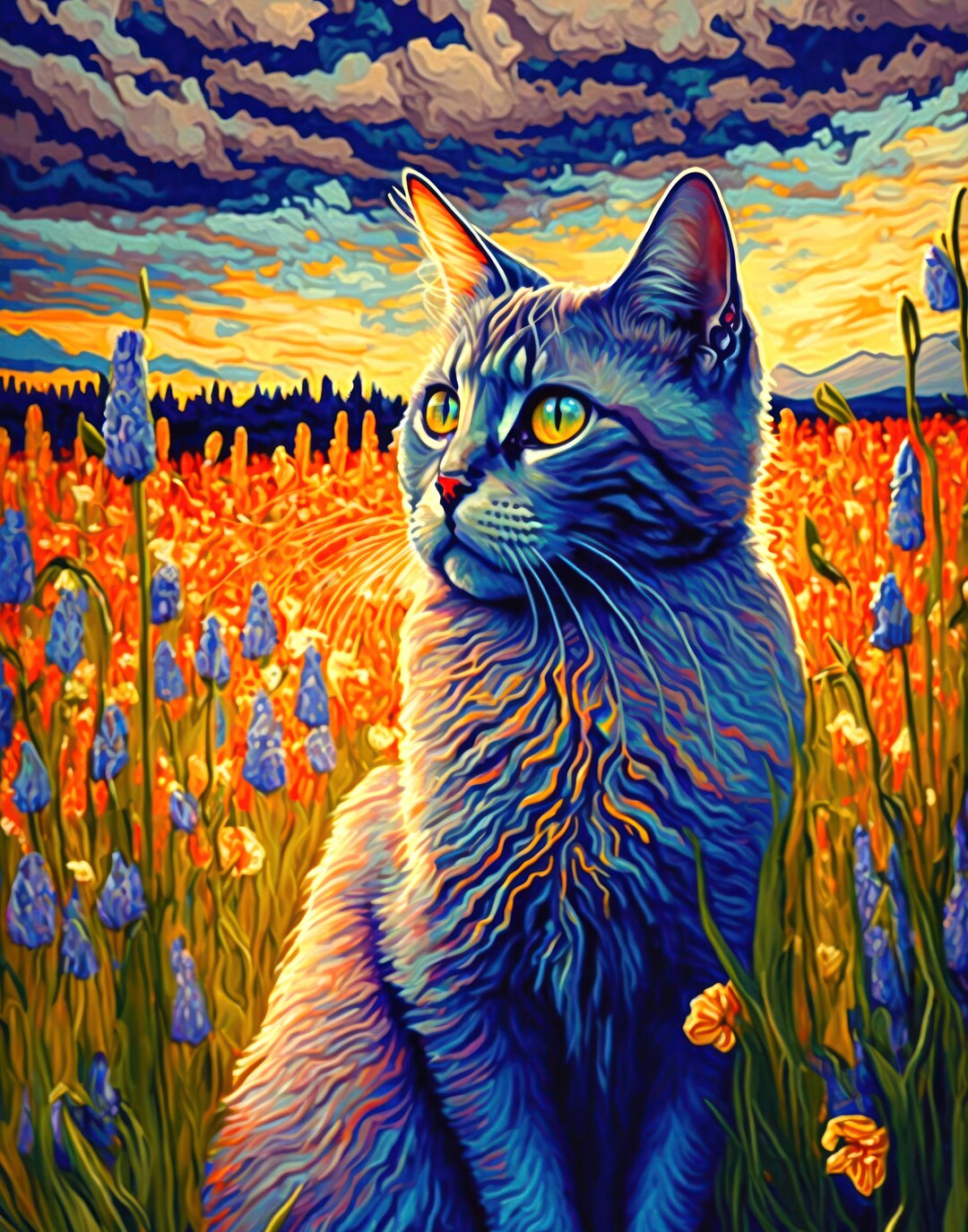 Printable Cat Art, Digital Download, Wall Art, JPG of Cat Portrait in the Style of Van Gogh ...