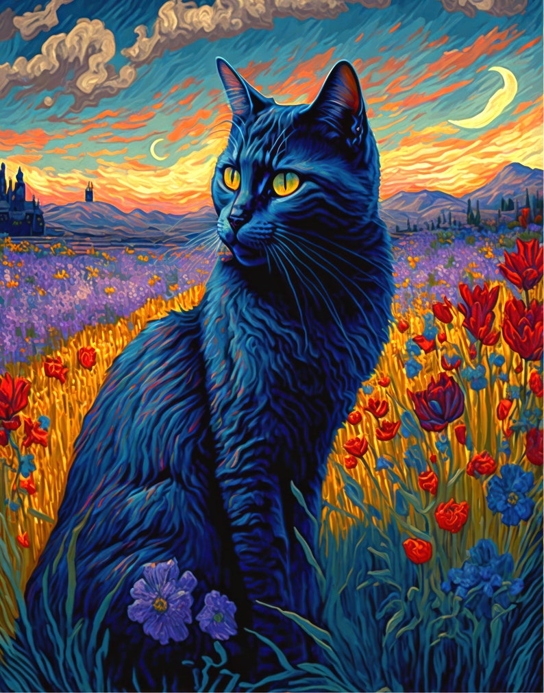 Printable Cat Art, Digital Download, Wall Art, JPG of Cat Portrait in the Style of Van Gogh ...