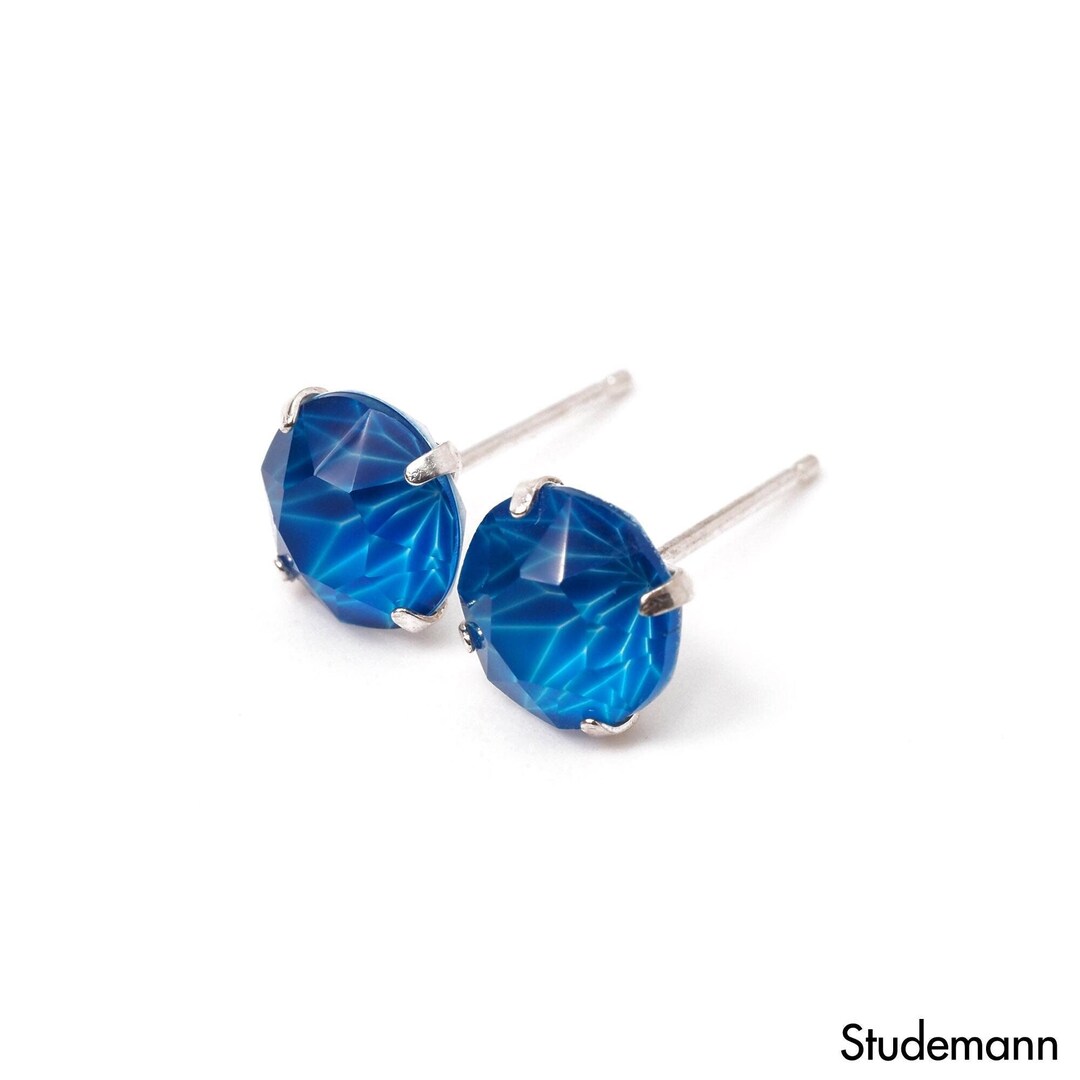 Bold Blue Crystal Stud Earrings - Sterling Silver 8mm Round - Neon Blue ...