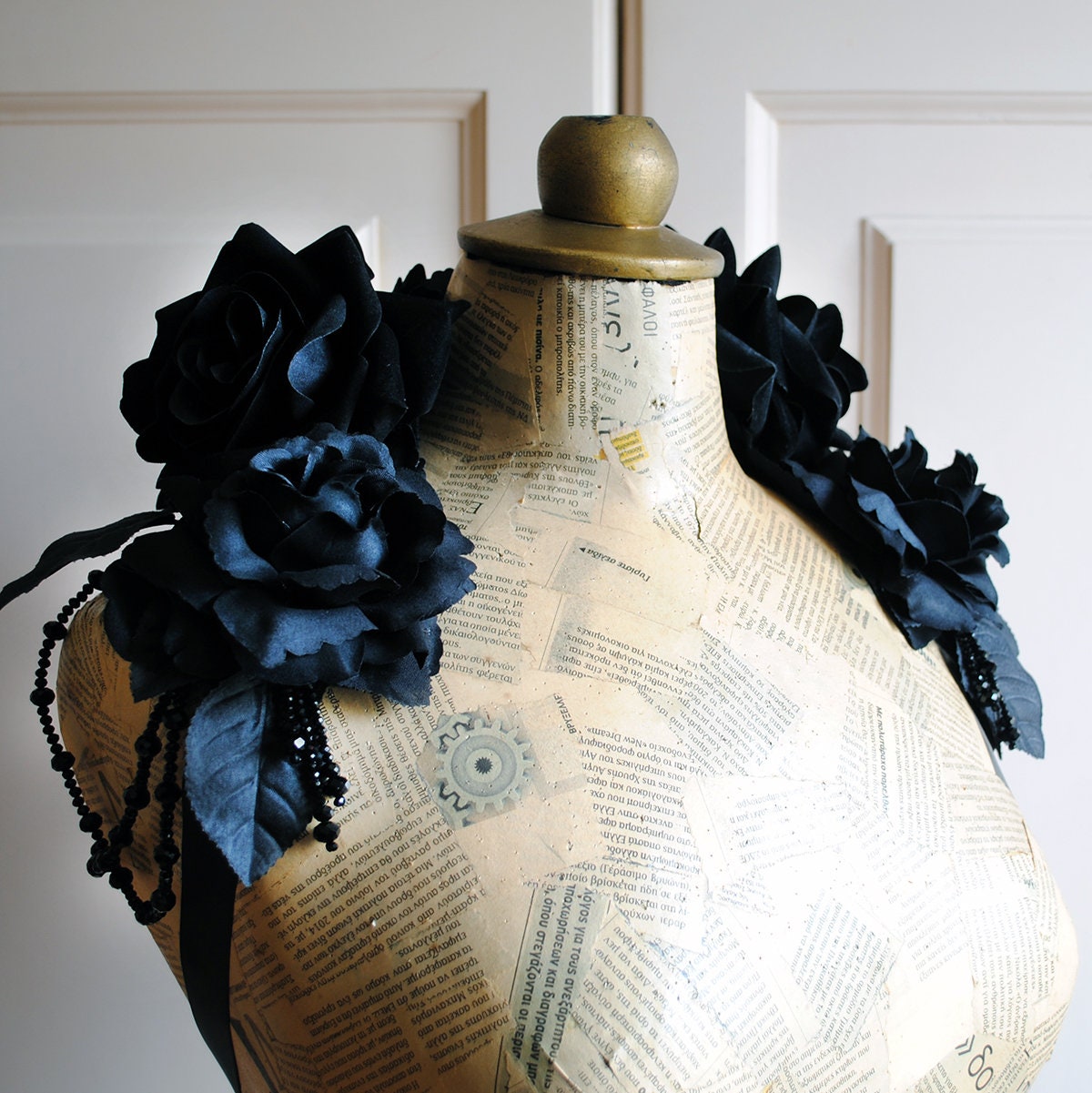 Gothic Shoulderpiece,black Roses and Crystals Statement Neckpiece ...