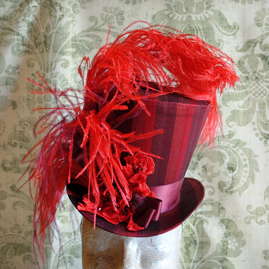 Red Burlesque Top Hat with FeathersStriped Top Hat for | Etsy