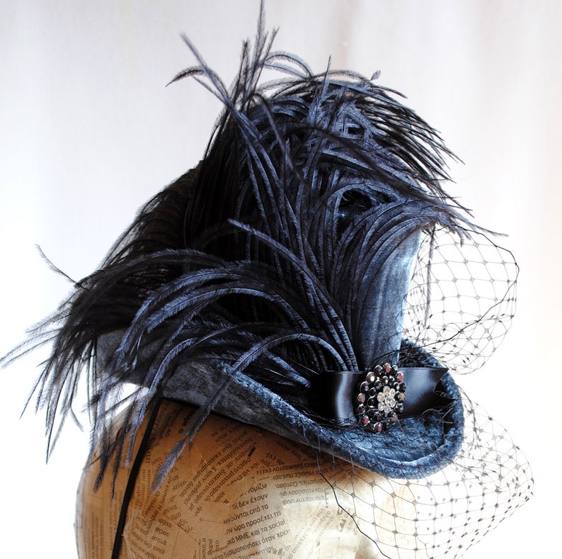 Burlesque Mini Top Hat,grey Cocktail Hat With Veil,gothic Mini Top Hat ...