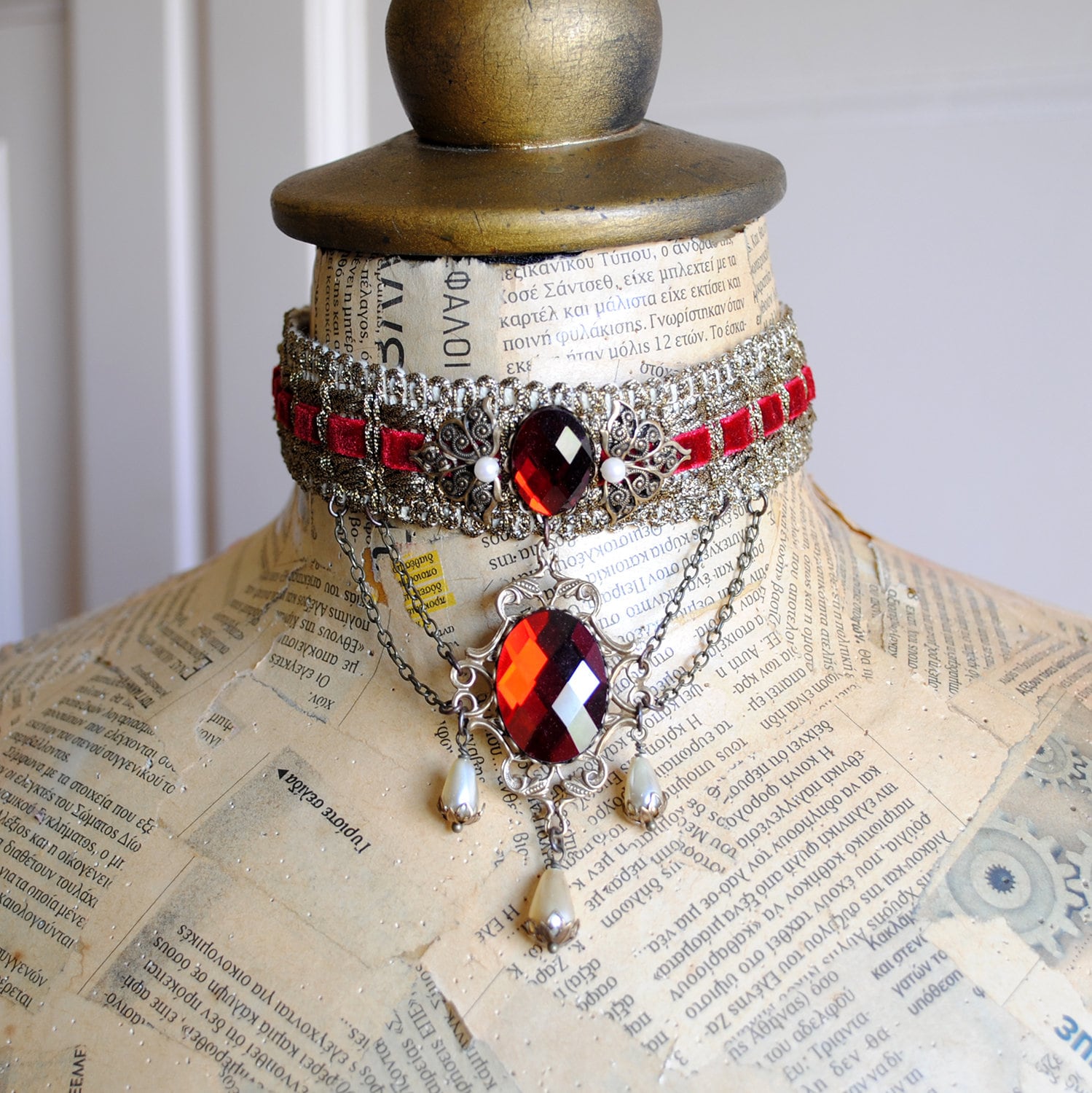 Royal Elizabethan Choker With Crystals,gold & Red Velvet Gothic Choker ...