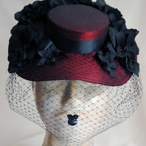 Burgundy Victorian Mini Hat,gothic Mini Top Hat With Flowers,neo-ludwig ...