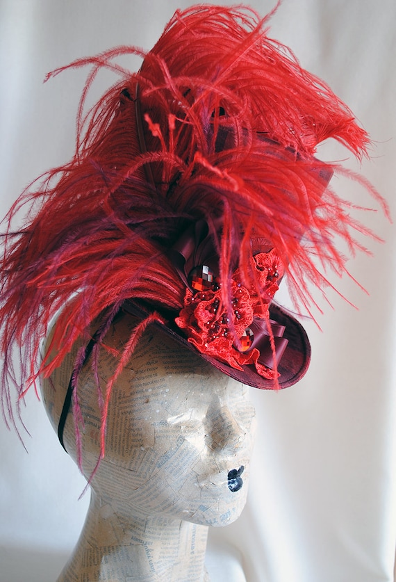 Red Burlesque Top Hat with Feathers Striped Top Hat for WOMEN Steampunk Circus Hat Victorian Cabaret Ladies Hat Made to Order
