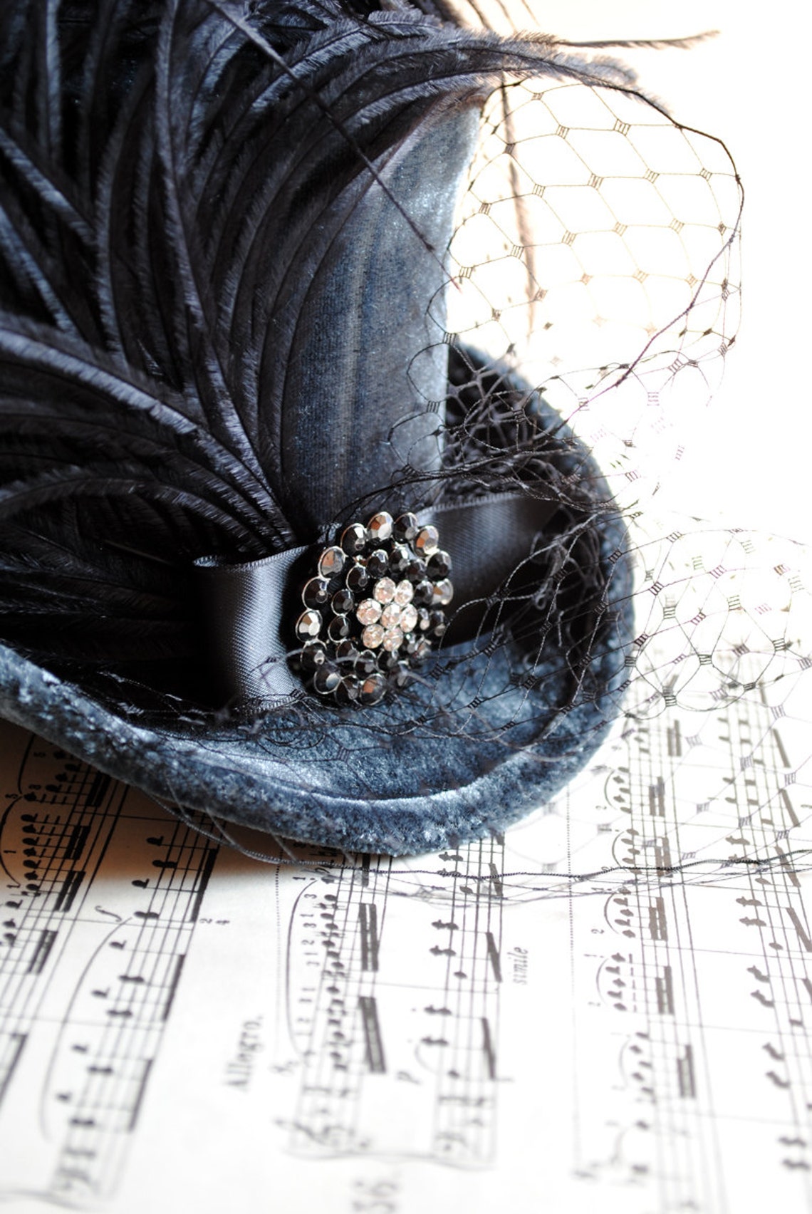 Burlesque Mini Top Hat,grey Cocktail Hat With Veil,gothic Mini Top Hat ...