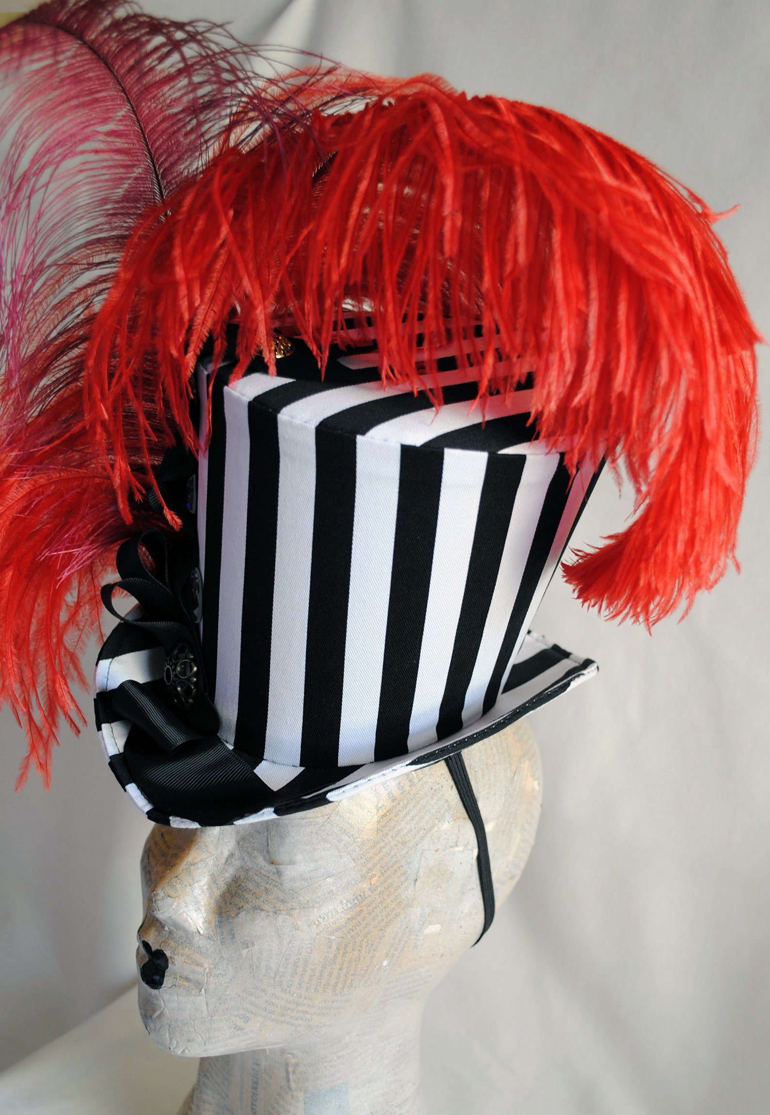 Retro Circus Top Hat With Red Feathersblack & White Striped | Etsy
