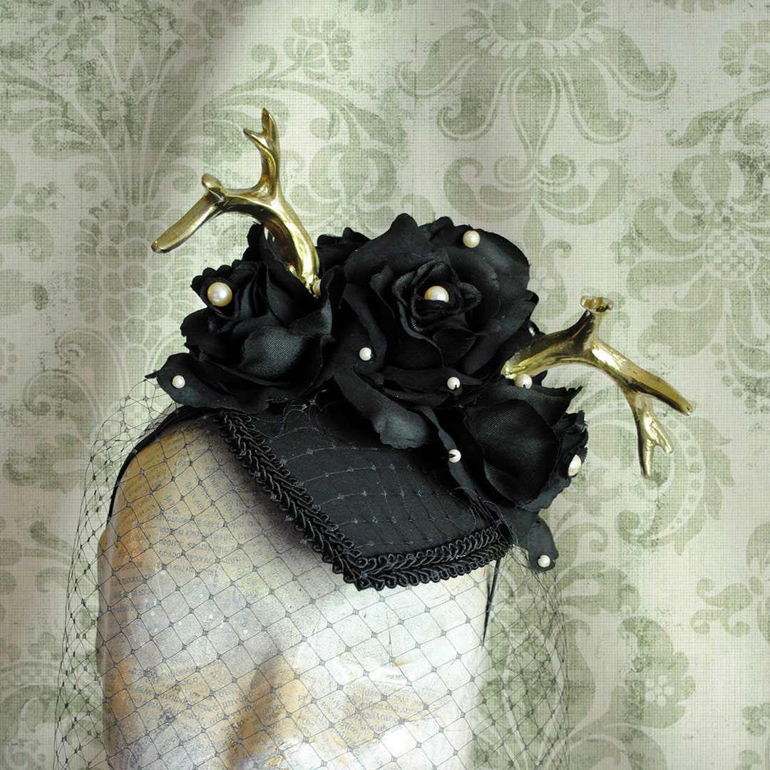 Gothic Teardrop Fascinator With Antlers,black Victorian Mini Hat With ...