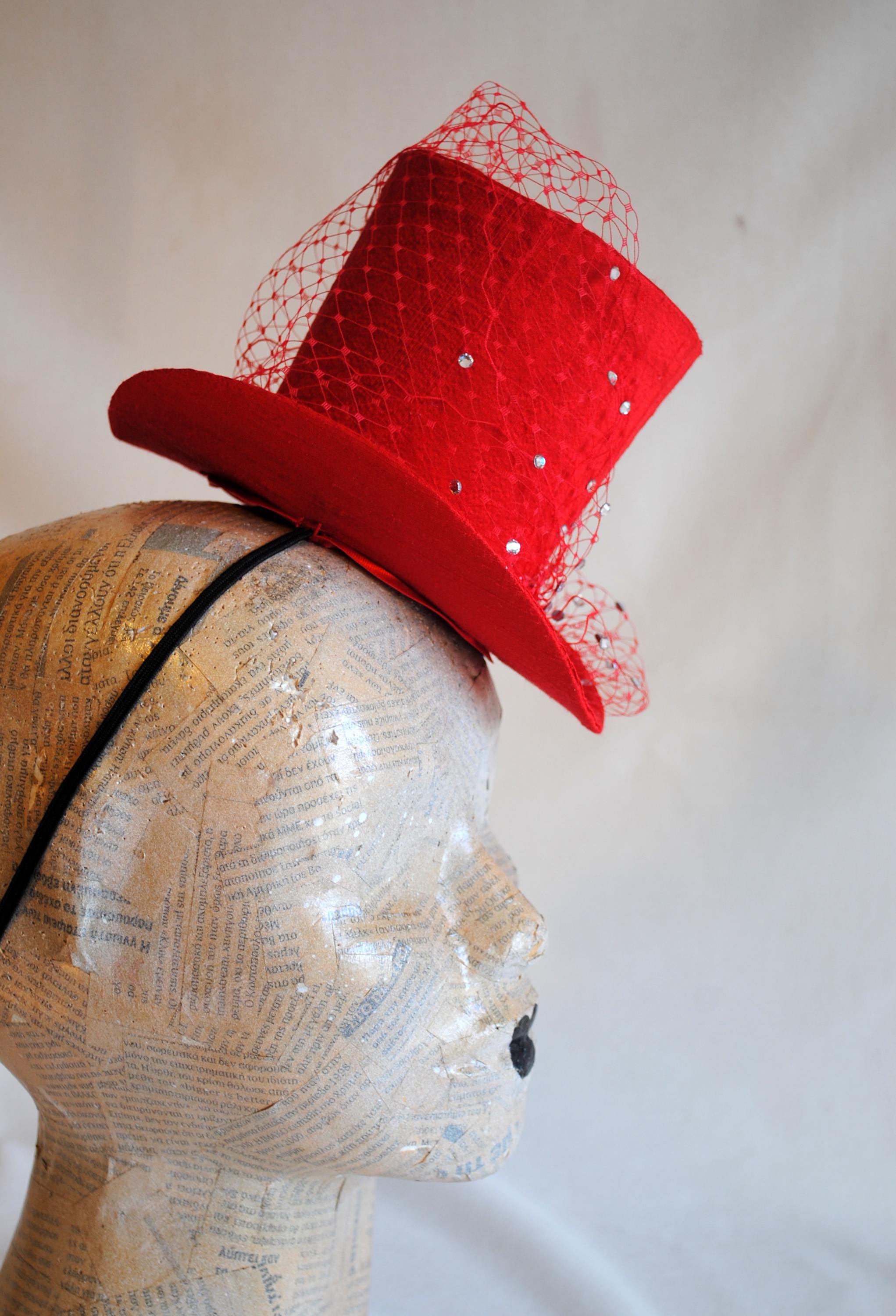Christmas Red Mini Top Hat With Rhinestone Star and Veil,cocktail Hat ...