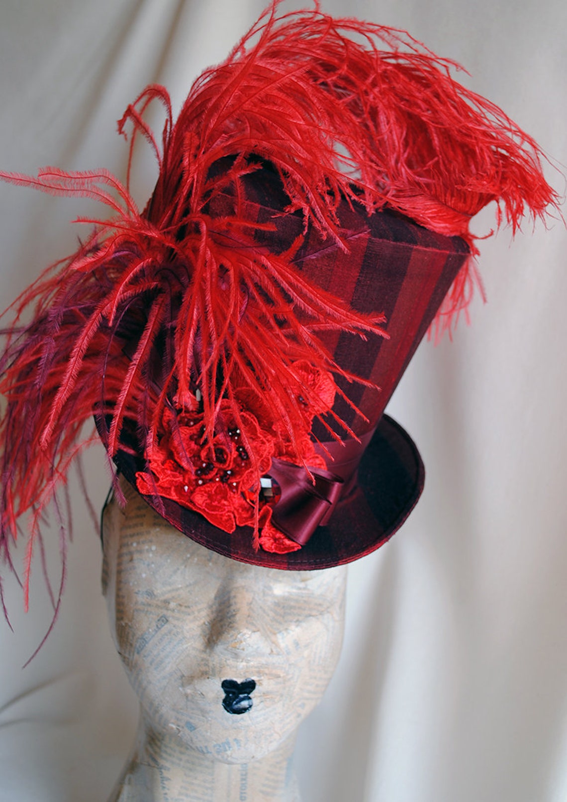Red Burlesque Top Hat with FeathersStriped Top Hat for | Etsy