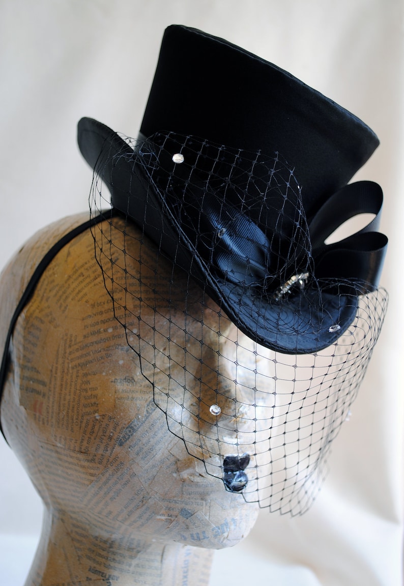 Burlesque Mini Top Hatcocktail Hat With Rhinstone Veilblack | Etsy