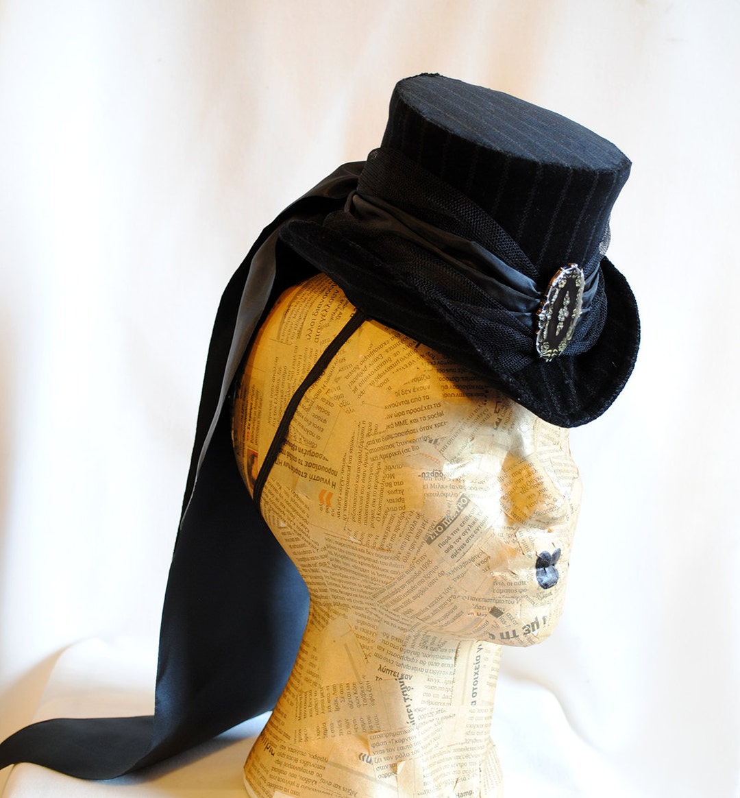 Victorian Riding Hat,black Mini Top Hat With Train,gothic Striped Mini ...