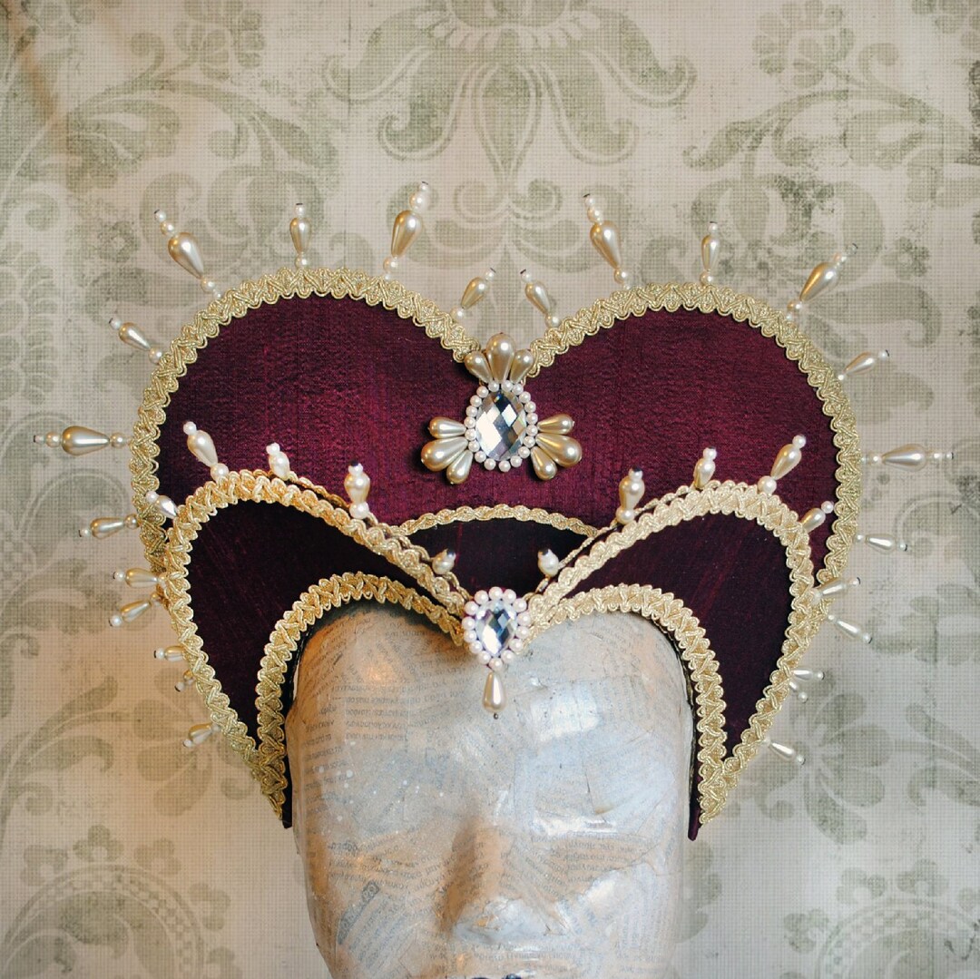 Tudors Headdress,royal Renaissance Headpiece,burgundy & Gold Attifet ...