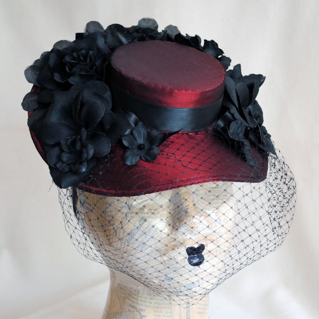 Burgundy Victorian Mini Hat,gothic Mini Top Hat With Flowers,neo-ludwig ...