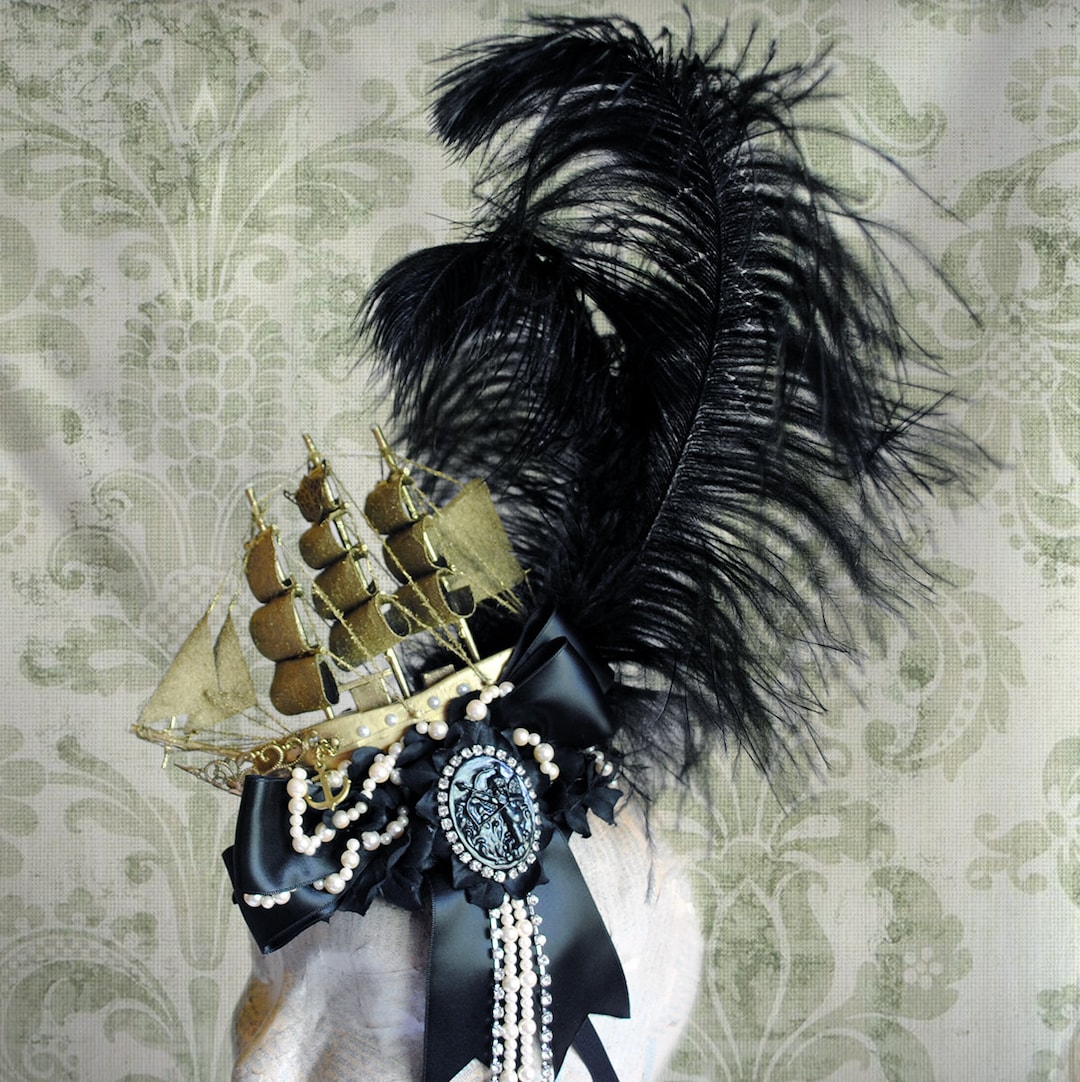 Gothic Teardrop Fascinator With Ship,black & Gold Rococo Headpiece ...