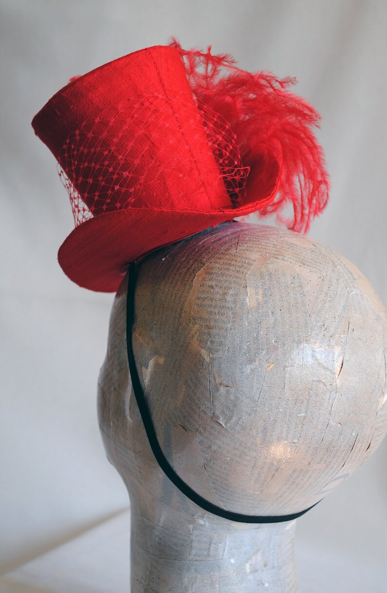 Red Mini Top Hat,cocktail Hat With Veil,burlesque Fascinator,bridal Hat ...