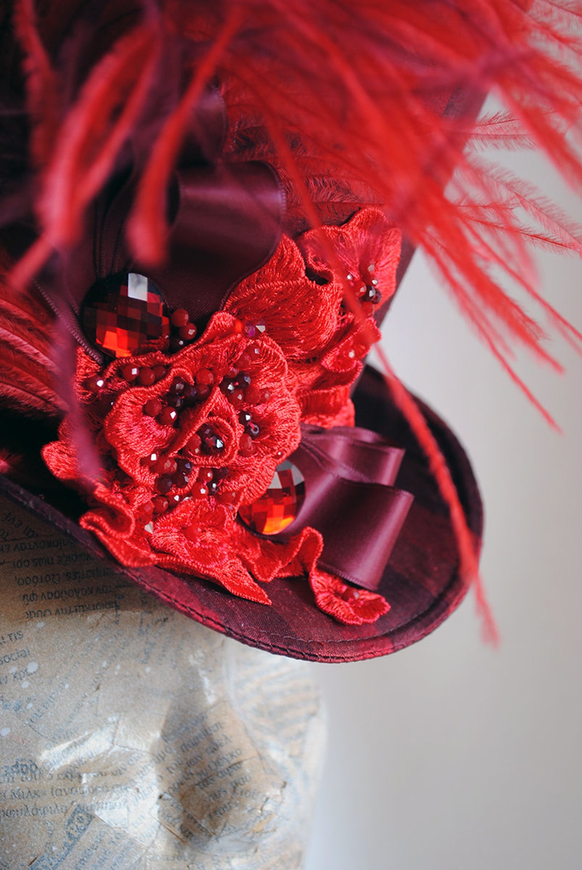 Red Burlesque Top Hat with FeathersStriped Top Hat for | Etsy