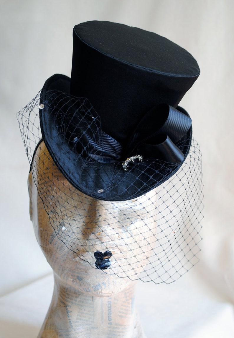 Burlesque Mini Top Hat,cocktail Hat With Rhinstone Veil,black Ladies ...