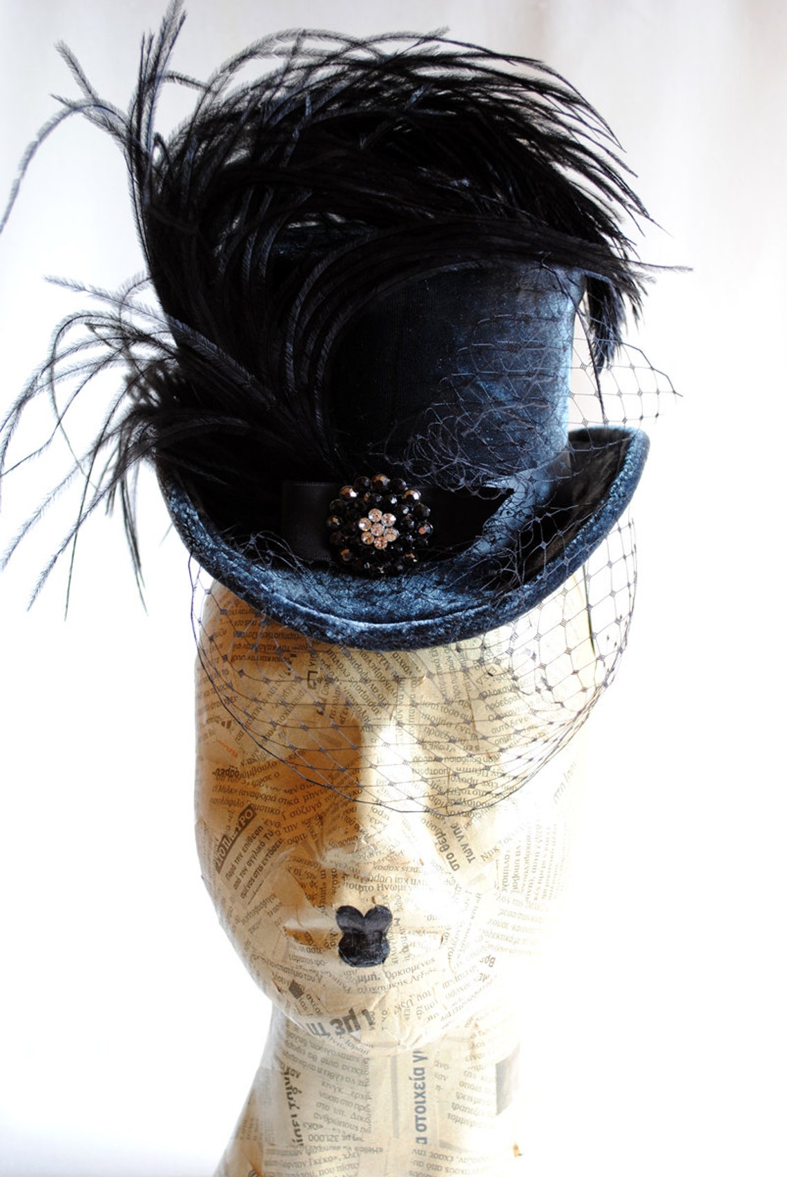 Burlesque Mini Top Hat,grey Cocktail Hat With Veil,gothic Mini Top Hat ...