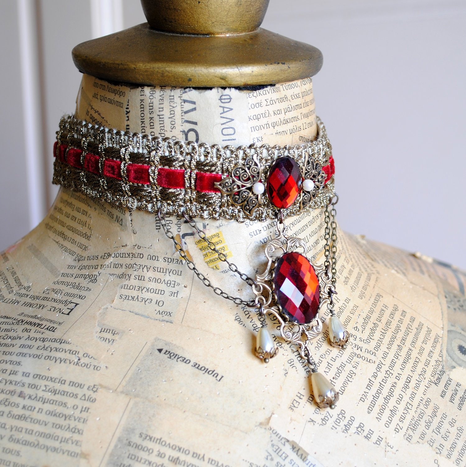 Royal Elizabethan Choker With Crystals,gold & Red Velvet Gothic Choker ...