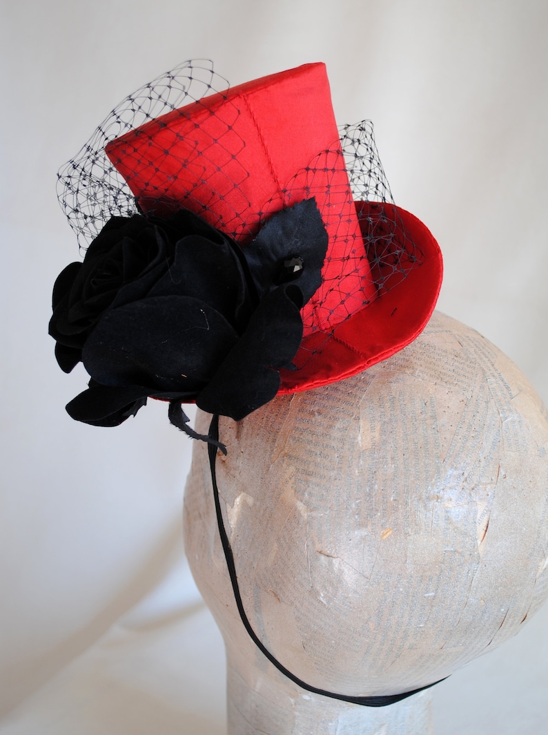 Gothic Mini Top Hat With Black Roses,red Cocktail Hat,burlesque ...