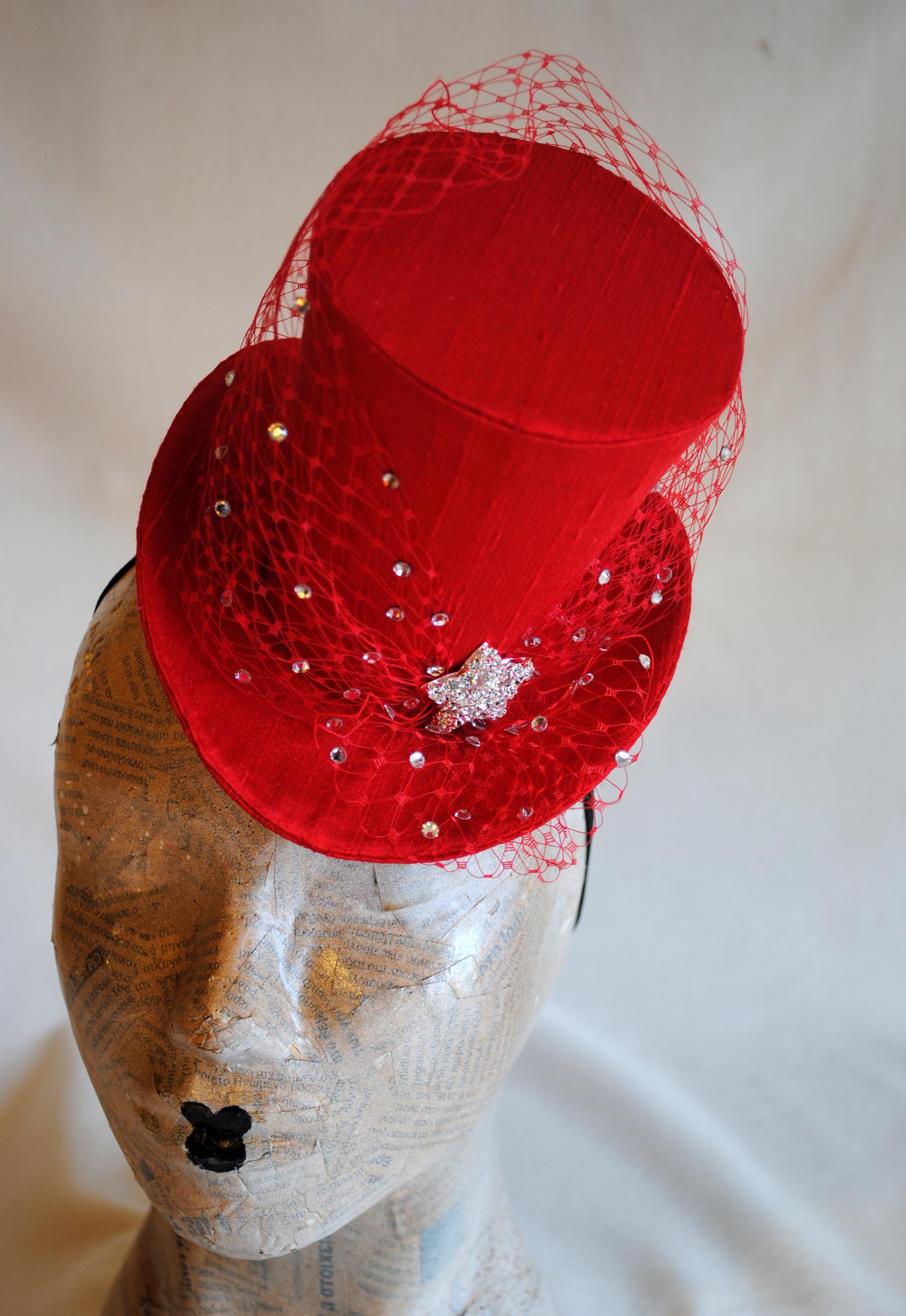 Christmas Red Mini Top Hat With Rhinestone Star and Veil,cocktail Hat ...
