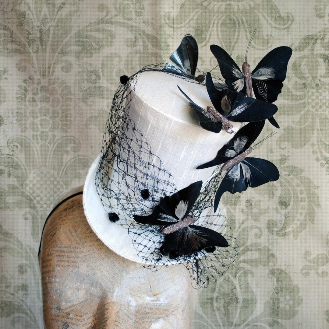 Mini Top Hat With Butterflies,ivory Bridal Fascinator,spring Cocktail ...