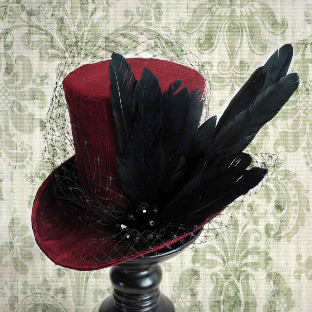Burgundy Mini Top Hat With Raven Wings,gothic Mini Top Hat With Veil ...