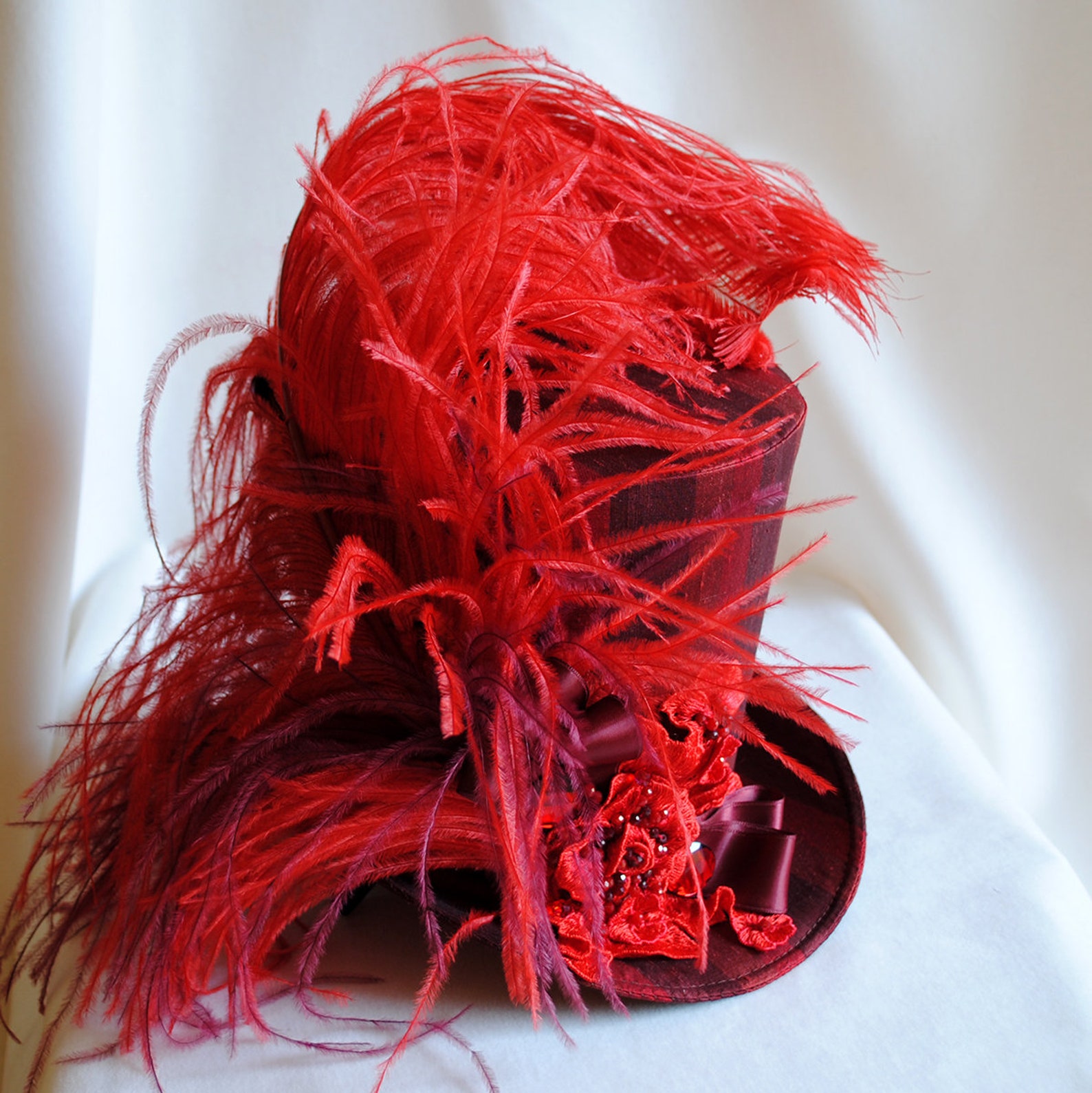 Red Burlesque Top Hat With Feathersstriped Top Hat for - Etsy