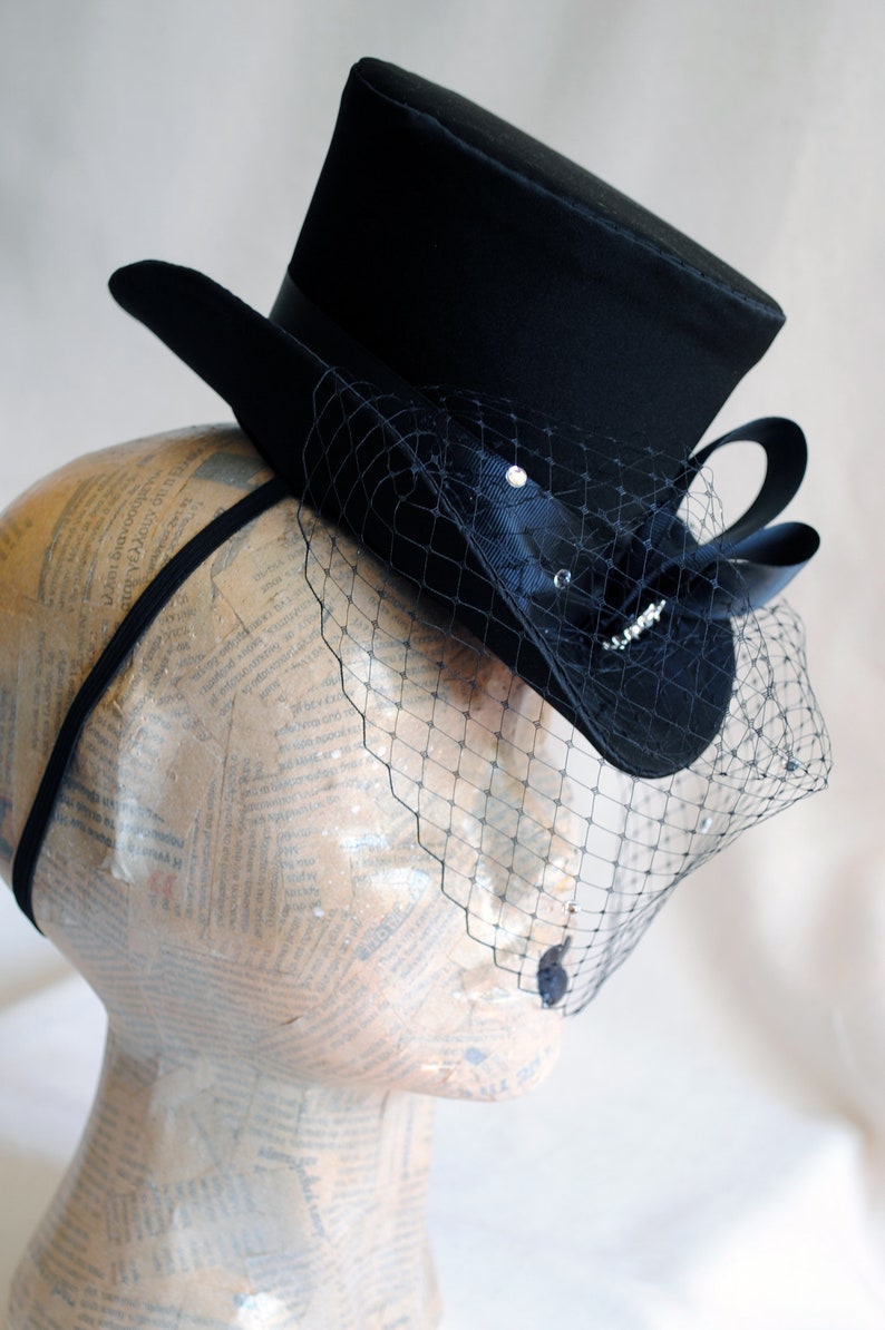 Burlesque Mini Top Hat,cocktail Hat With Rhinstone Veil,black Ladies ...