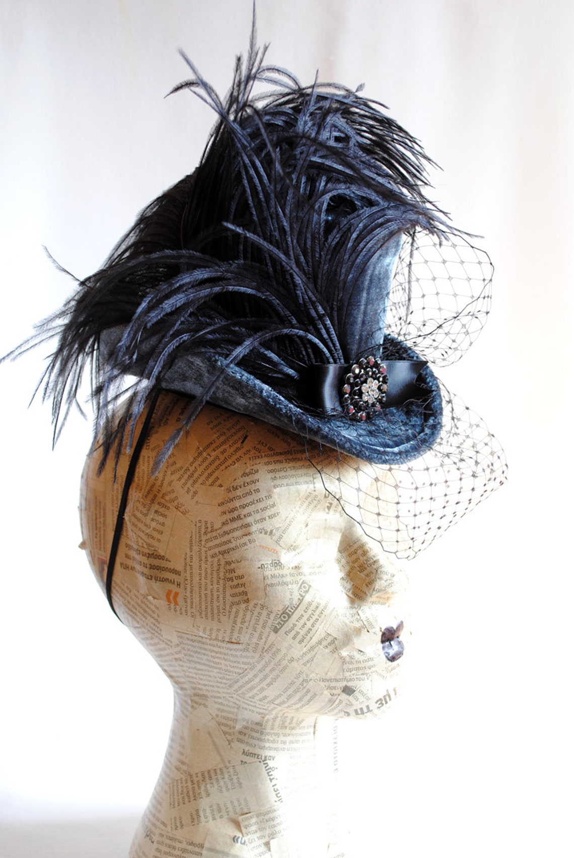 Burlesque Mini Top Hat,grey Cocktail Hat With Veil,gothic Mini Top Hat ...