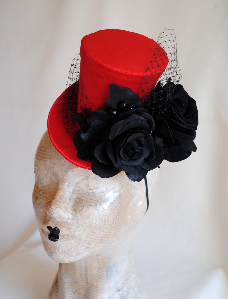 Gothic Mini Top Hat With Black Roses,red Cocktail Hat,burlesque ...
