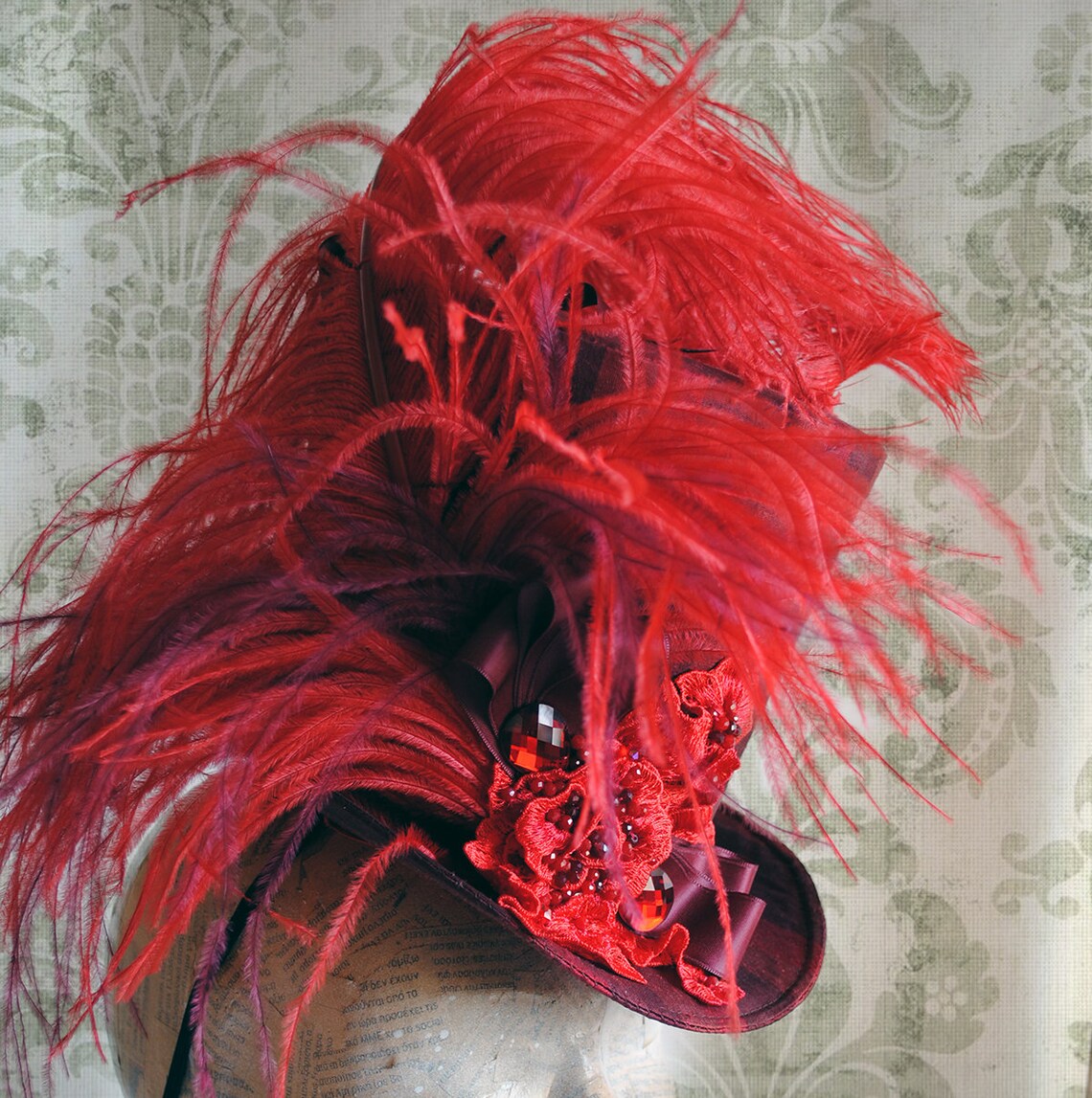 Red Burlesque Top Hat with FeathersStriped Top Hat for | Etsy
