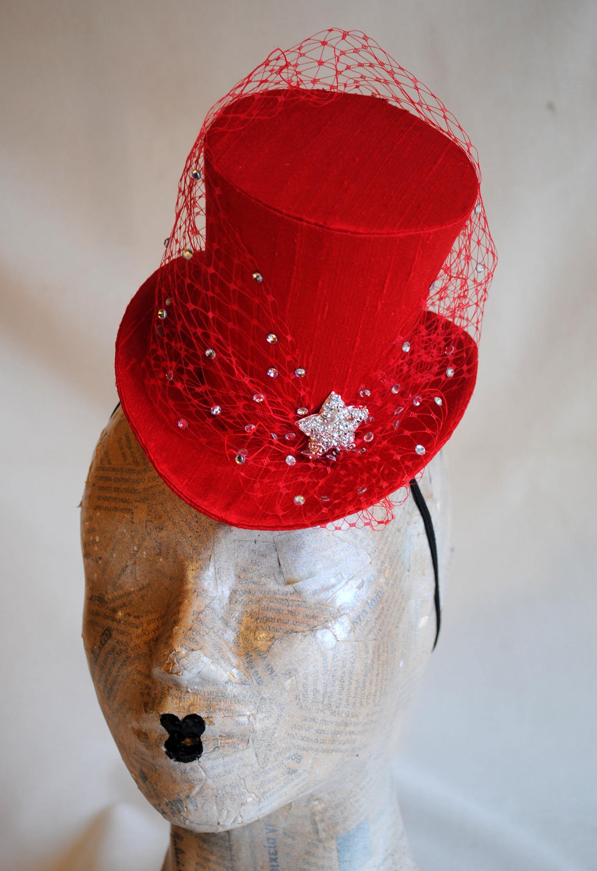 Christmas Red Mini Top Hat With Rhinestone Star and Veil,cocktail Hat ...