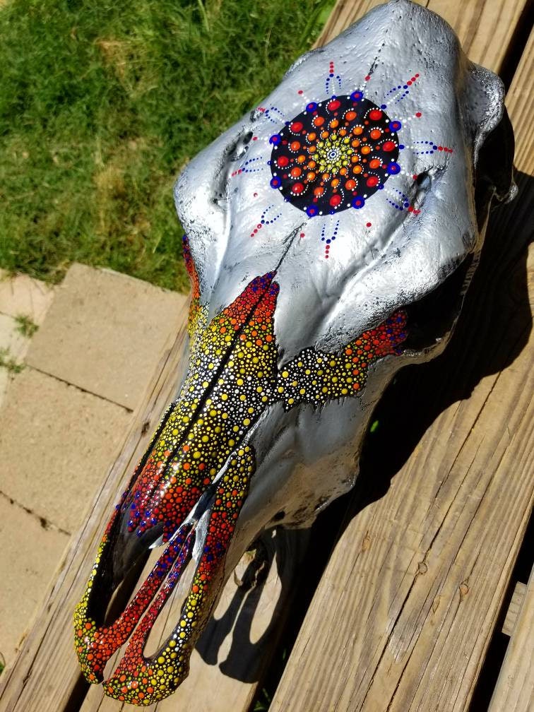 Hand Painted Bovine Skull With Dotting - Etsy