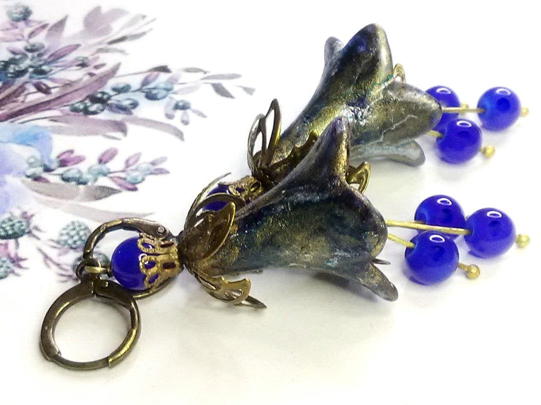 Blueberry Beaded Flower Dangle Earrings: Hand-painted Lucite, Gold ...