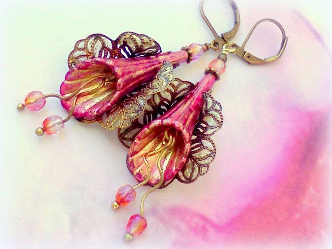 Hand-painted Burgundy Trumpet Flower Earrings, Gold Filigree Dangles - Etsy