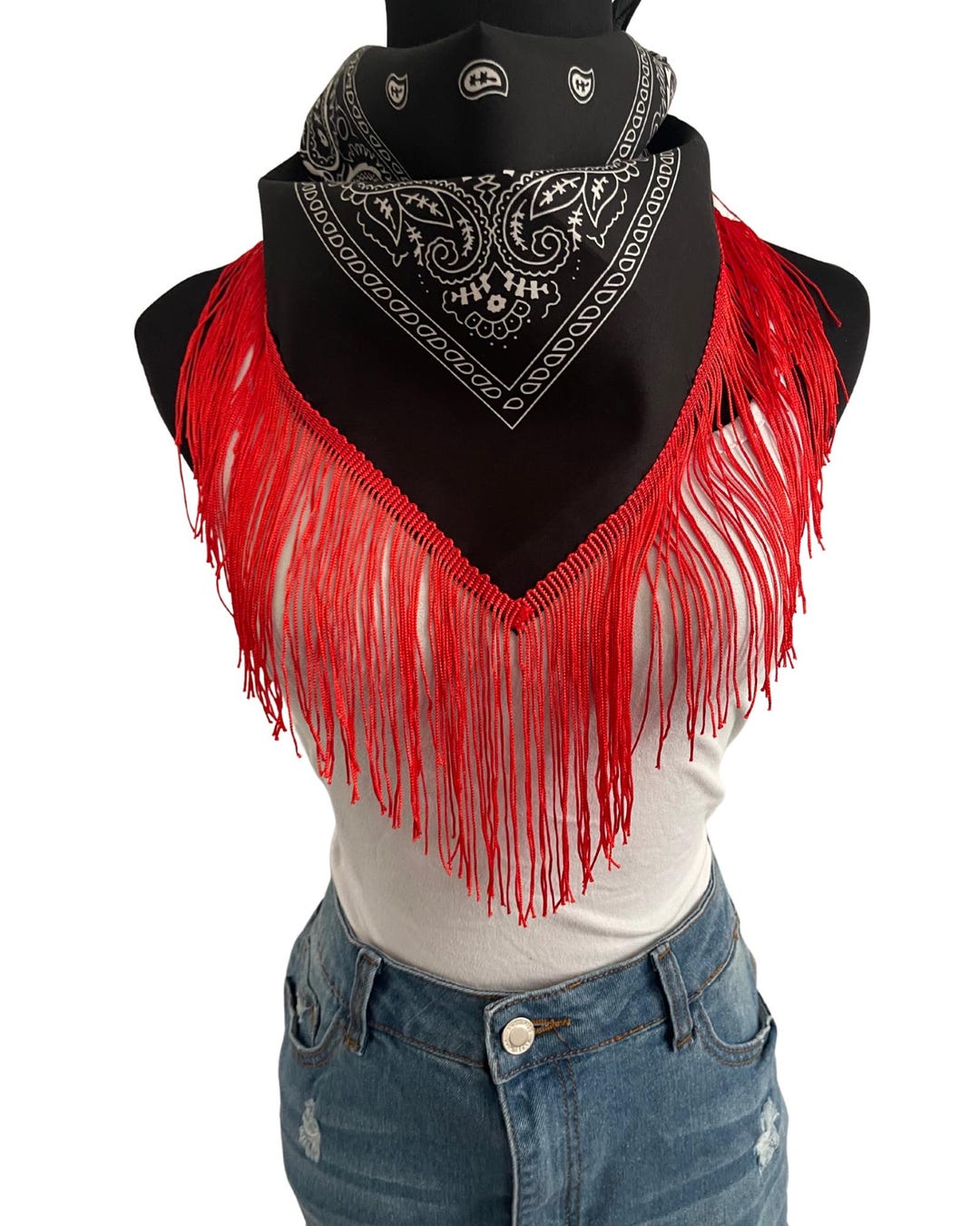 Western Chic Fringe Bandana – Black Paisley With Red Trim - Etsy