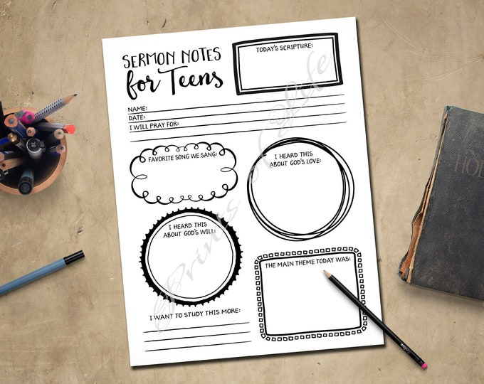 Sermon Notes for Teens. Boys, Girls, Youth, Kids. Instant Download ...