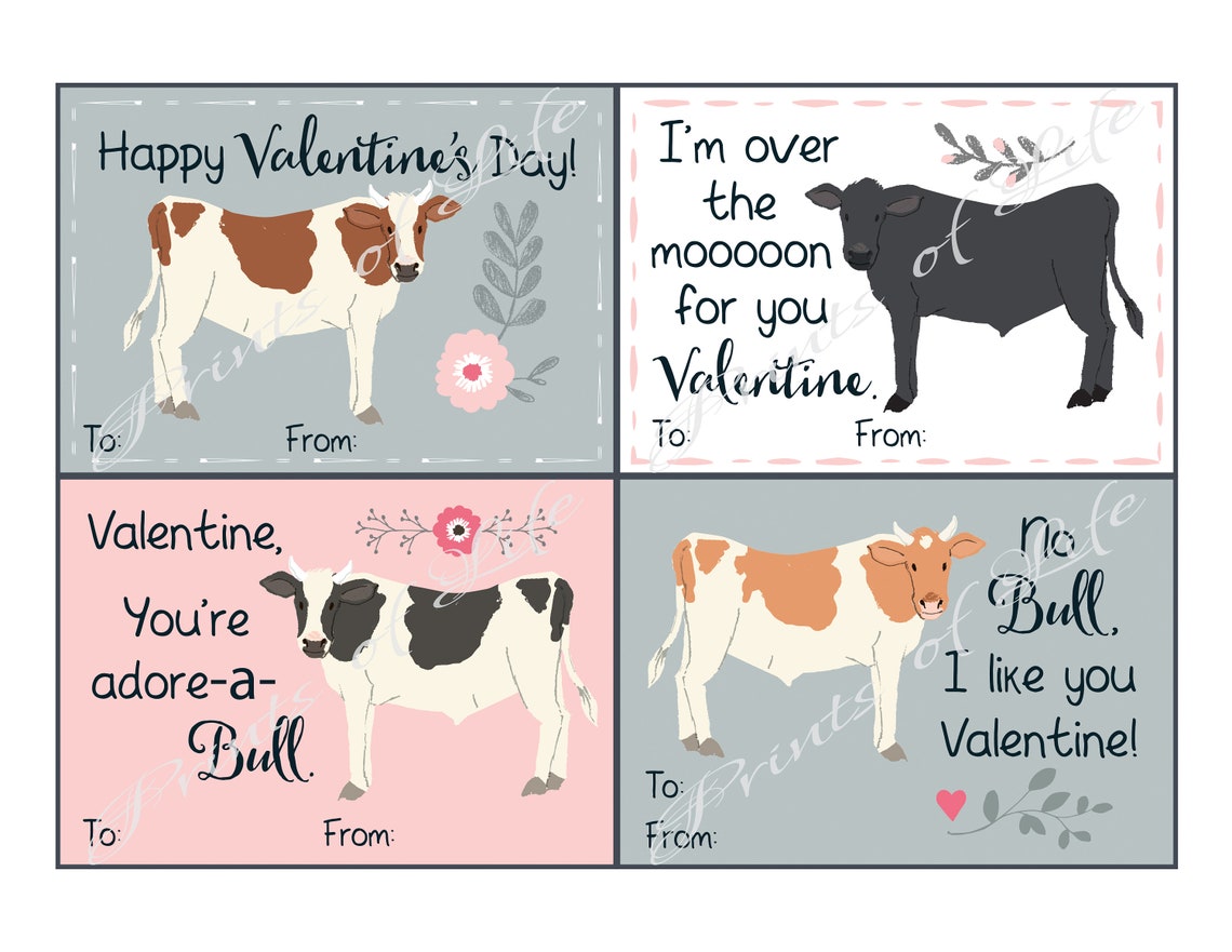 Kids Valentine Cards for School. Cute Cow Valentines Day Tags - Etsy