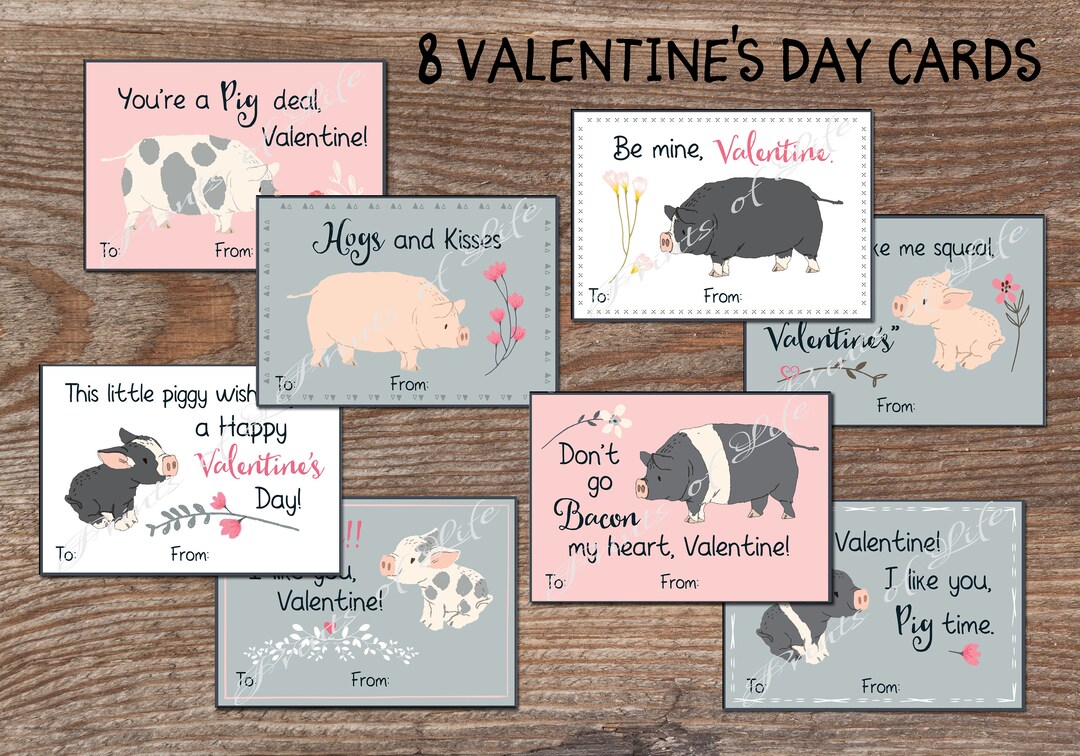 Kids Valentine Cards for School. Cute Pig Valentines Day Tags for Boys ...
