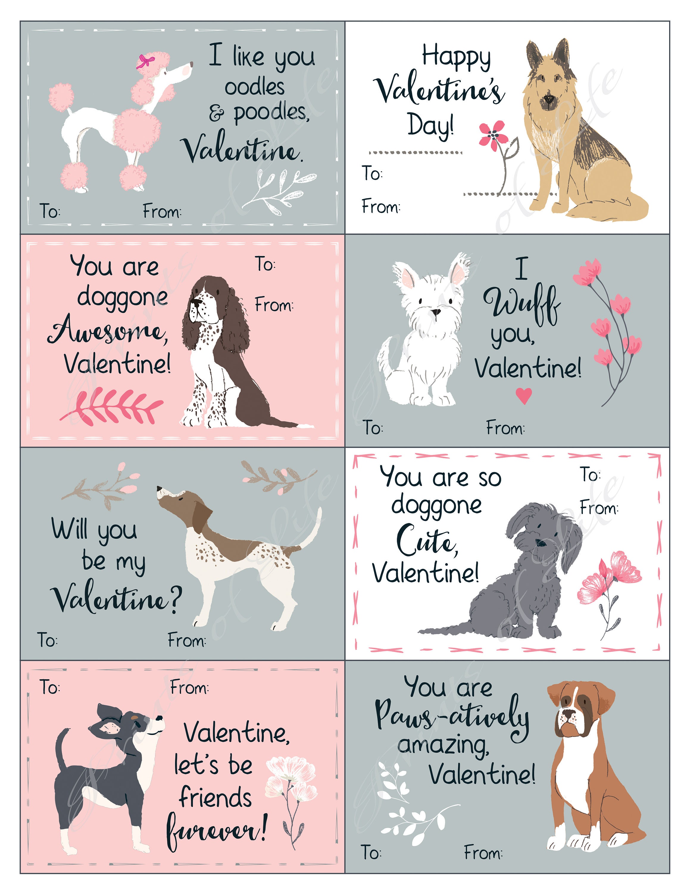 Kids Valentine Cards for School. Cute Dog Valentines Day Tags | Etsy