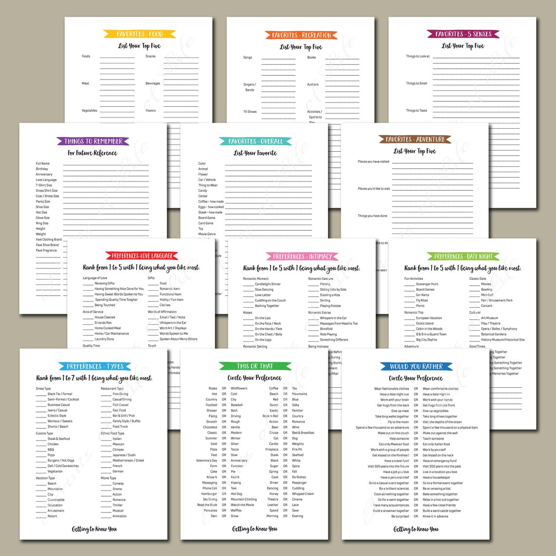 Getting to Know You. Instant Download Printable. Date Night Idea Cards ...